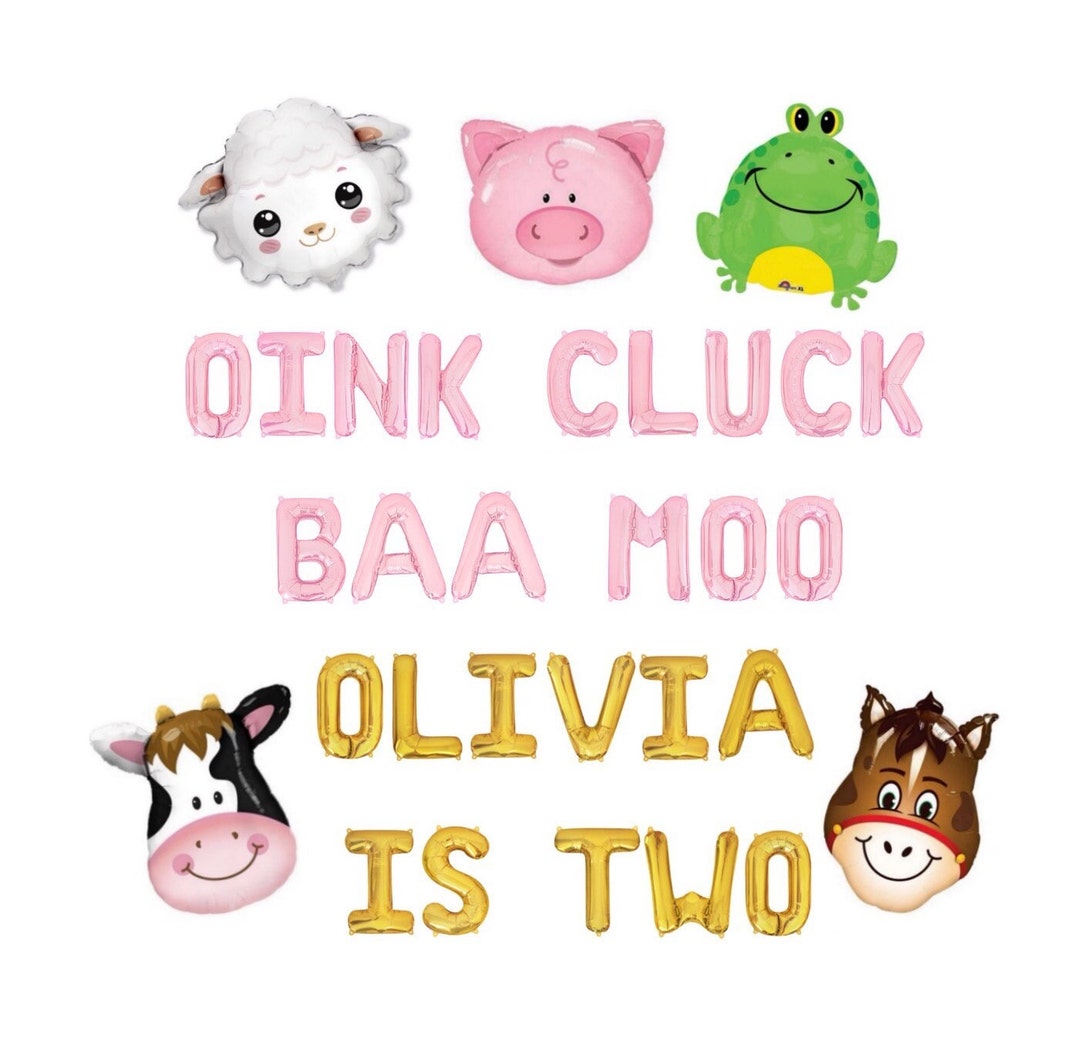 Oink Cluck Baa Moo Custom Name is Two Balloon Banner Birthday Sheep Pig ...
