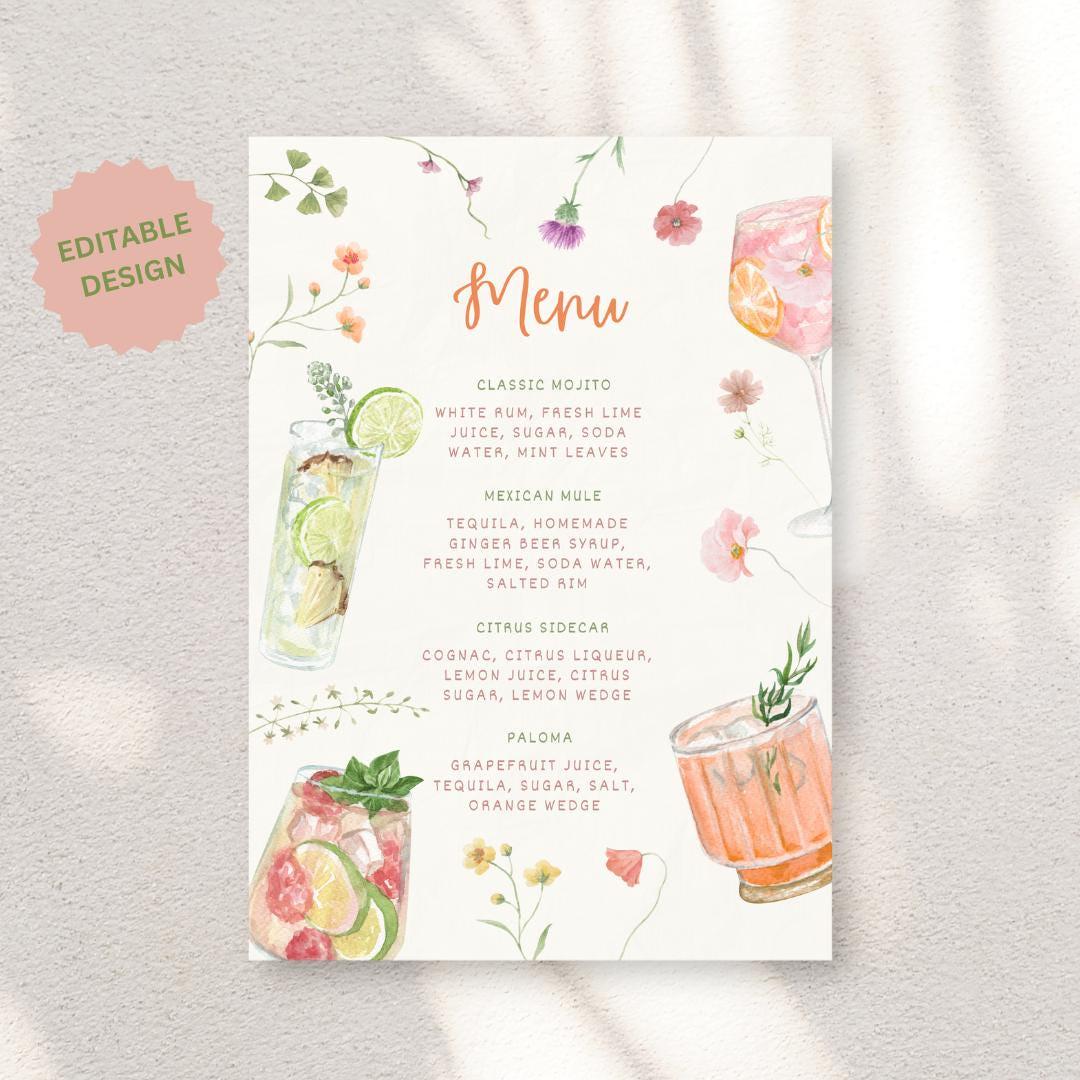 Editable Red & Pink Cocktail Menu Template, Colourful Wedding Drink ...