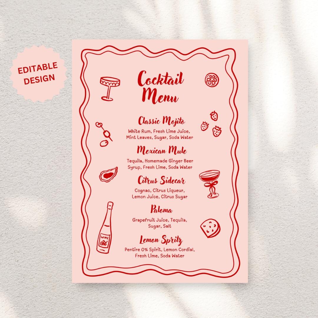 Editable Red & Pink Cocktail Menu Template, Colourful Wedding Drink ...