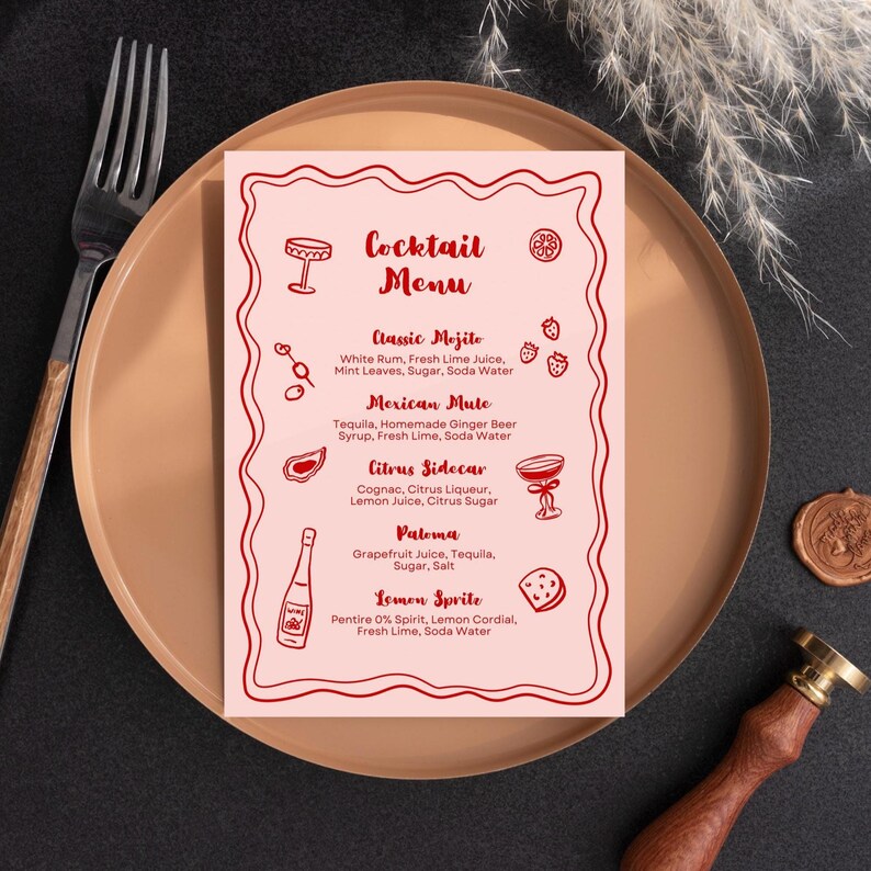 Editable Red & Pink Cocktail Menu Template, Colourful Wedding Drink ...