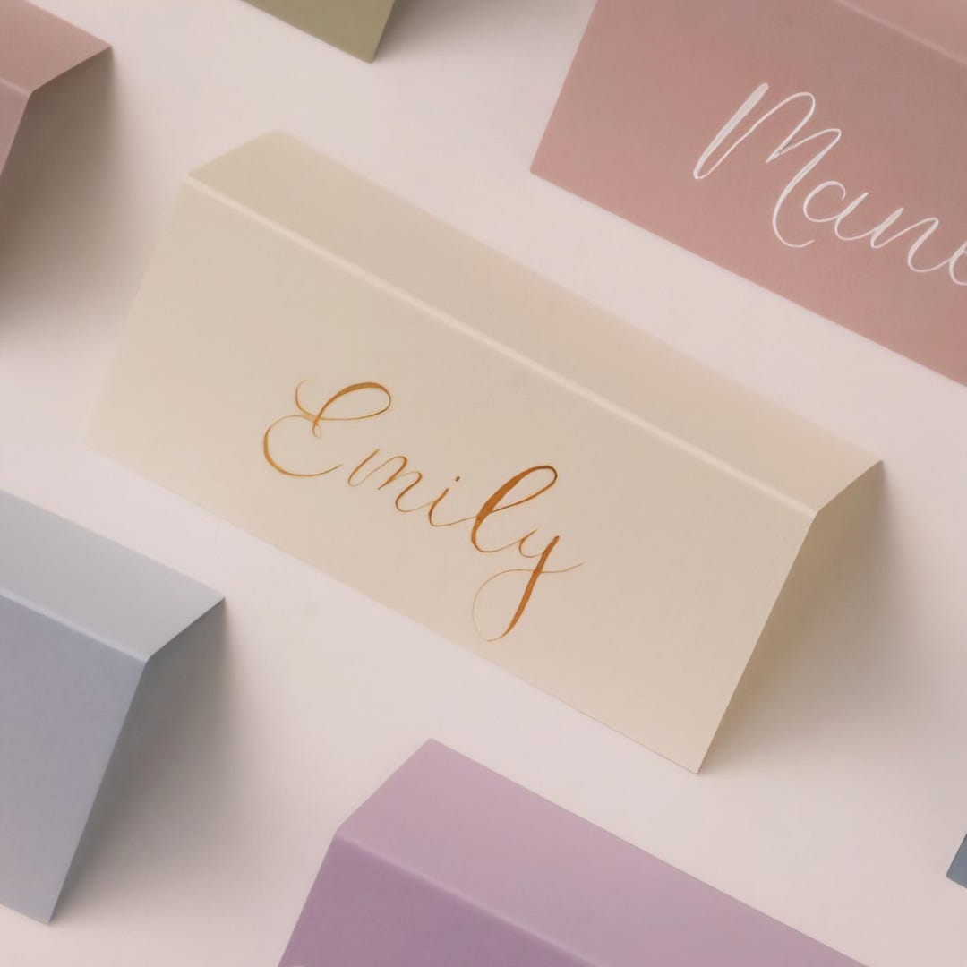 Handwritten Ivory Place Names | Gold Ink Tented Wedding Place Names ...