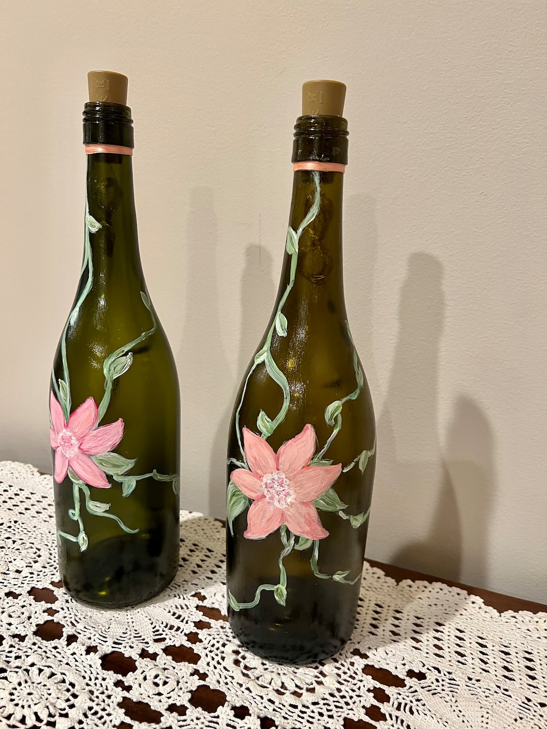 Hand Painted Pink Flower Designed Wine Bottles, Set of 2, Hand Painted ...