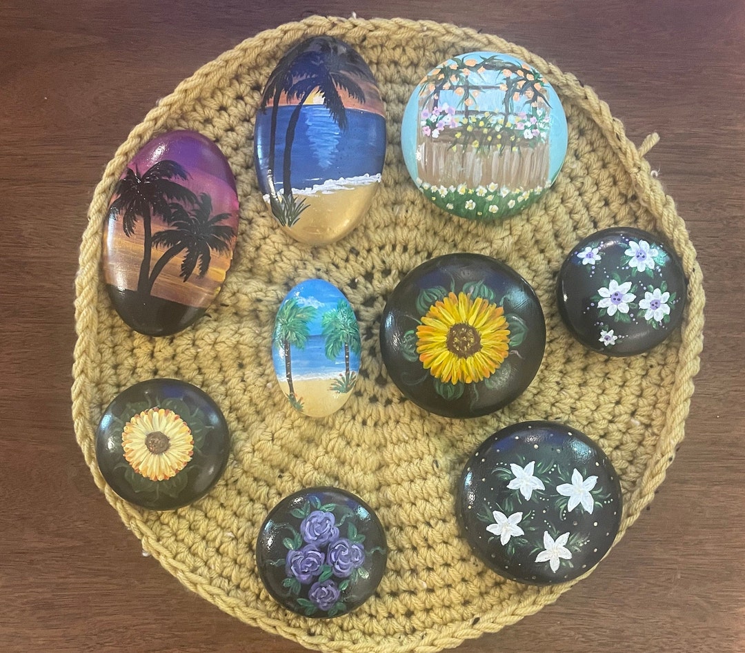 Rocks, Hand Painted Garden Rocks, Floral Design, Painted Rocks, Garden ...