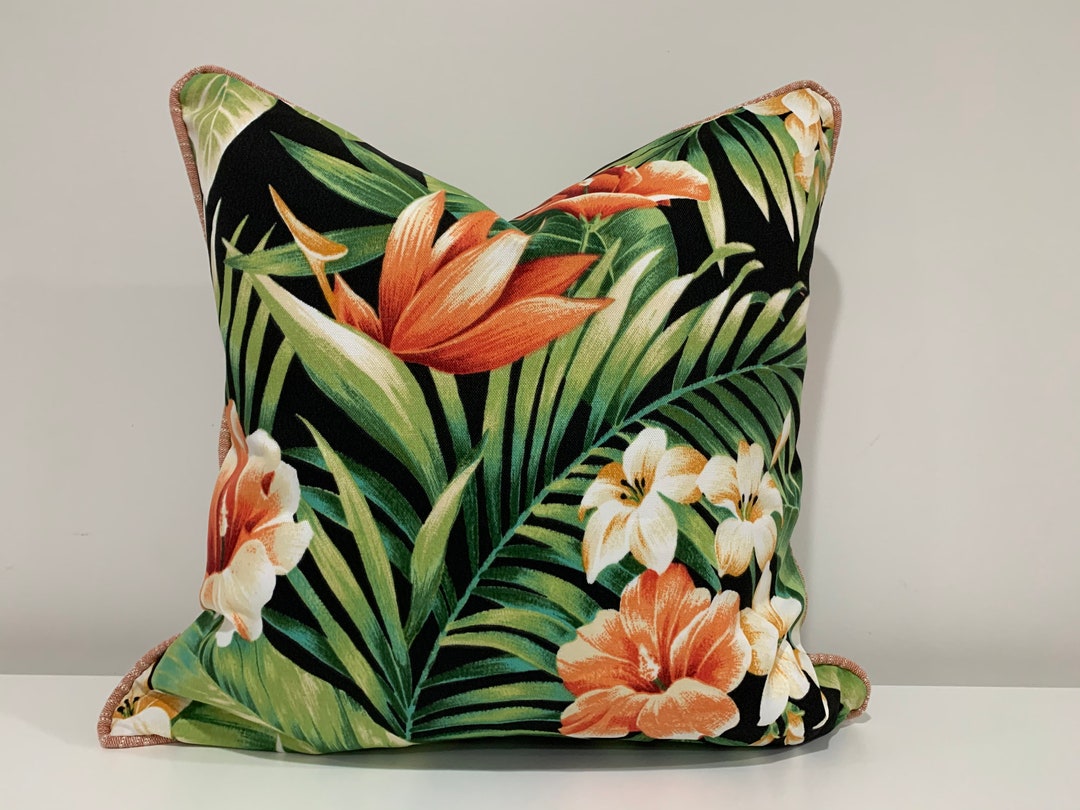 Tropical Print Indoor Outdoor Pillow Covers, Green Black Orange Cream ...