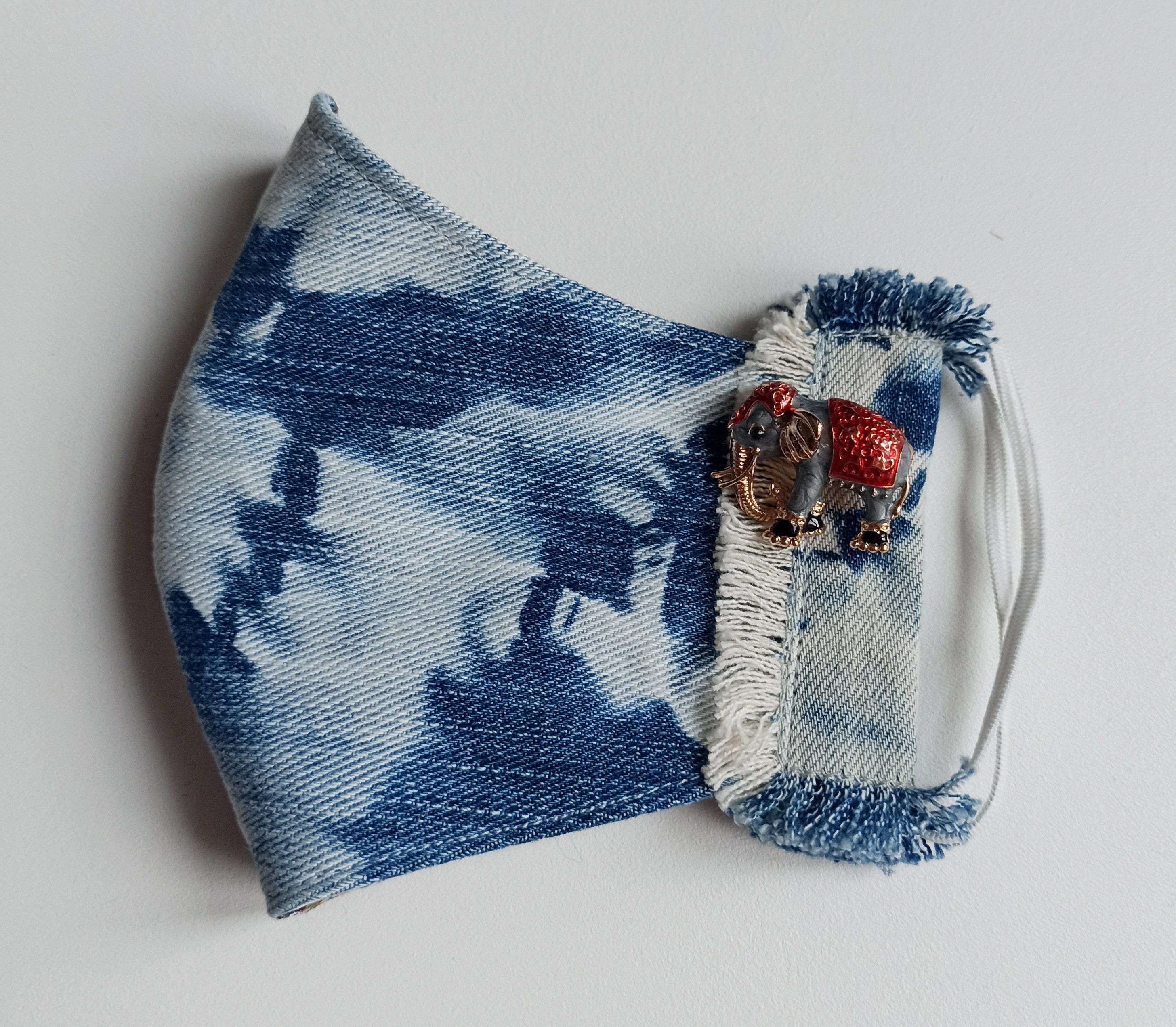 Bandana Denim Face Mask With a Brooch, Face Mask, Reusable Fabric Face ...