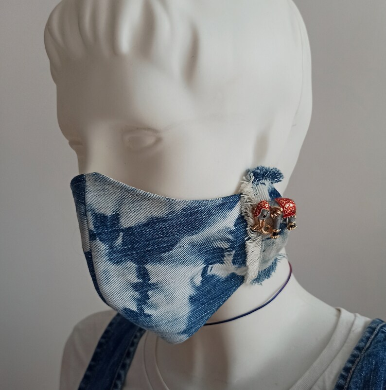 Bandana Denim Face Mask With a Brooch, Face Mask, Reusable Fabric Face ...