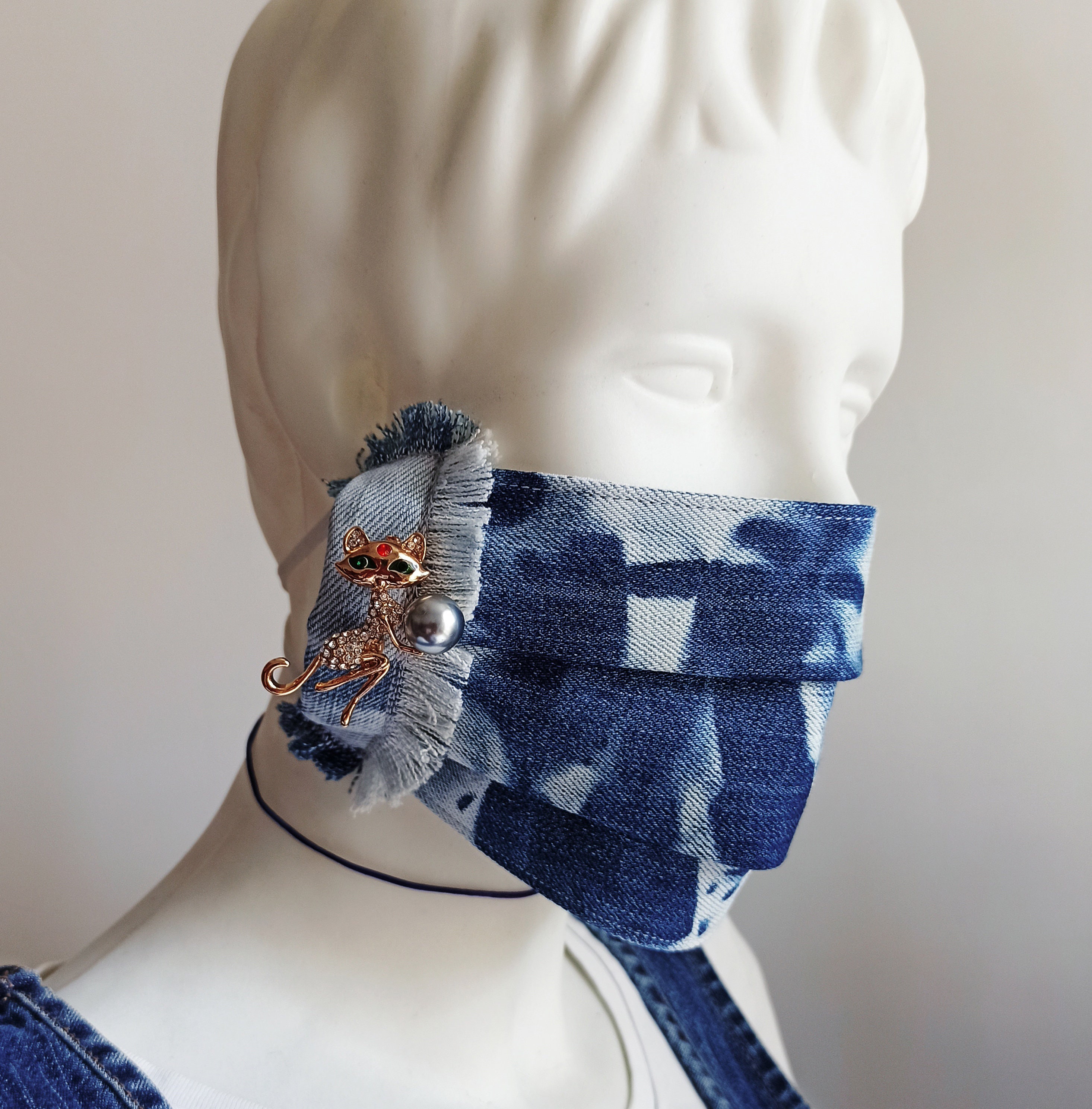 Bandana Denim Face Mask With a Brooch, Shibori Face Mask, Reusable ...