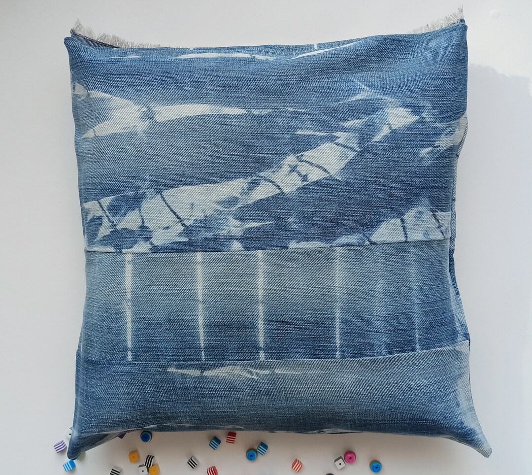 Denim Pillow, Shibori Denim, Home Decor, Bleached Denim Fabric Pillow ...