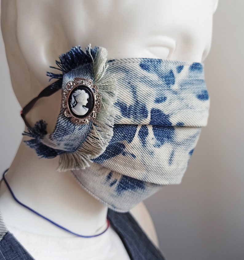 Bandana Denim Face Mask With a Brooch, Face Mask, Reusable Face Mask ...