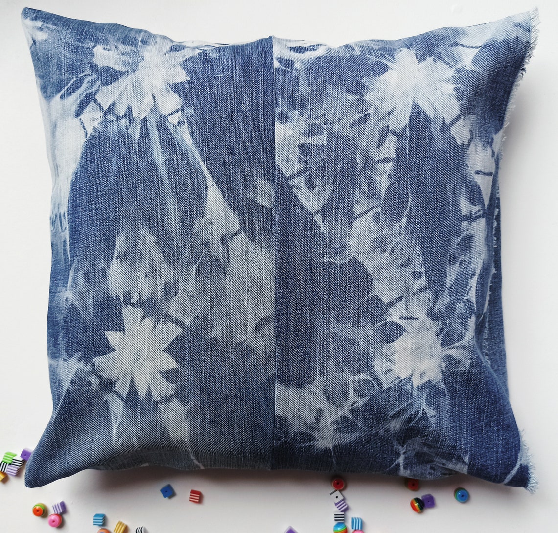 Denim Pillow, Shibori Denim, Home Decor, Bleached Denim Fabric Pillow ...