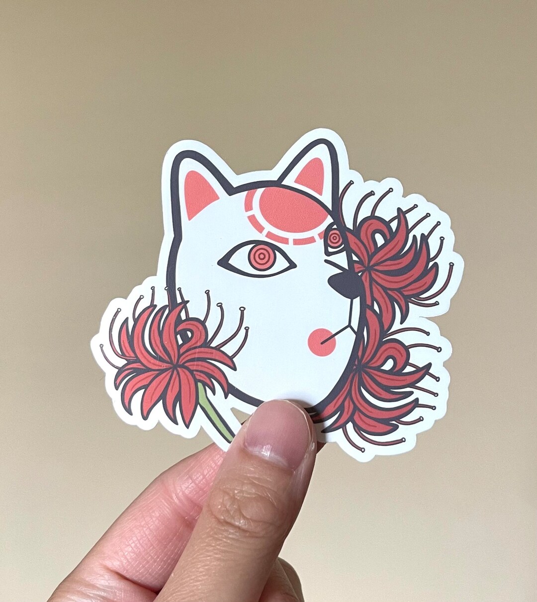 Anime Kitsune Mask With Red Spider Lily Flowers Sticker - Etsy
