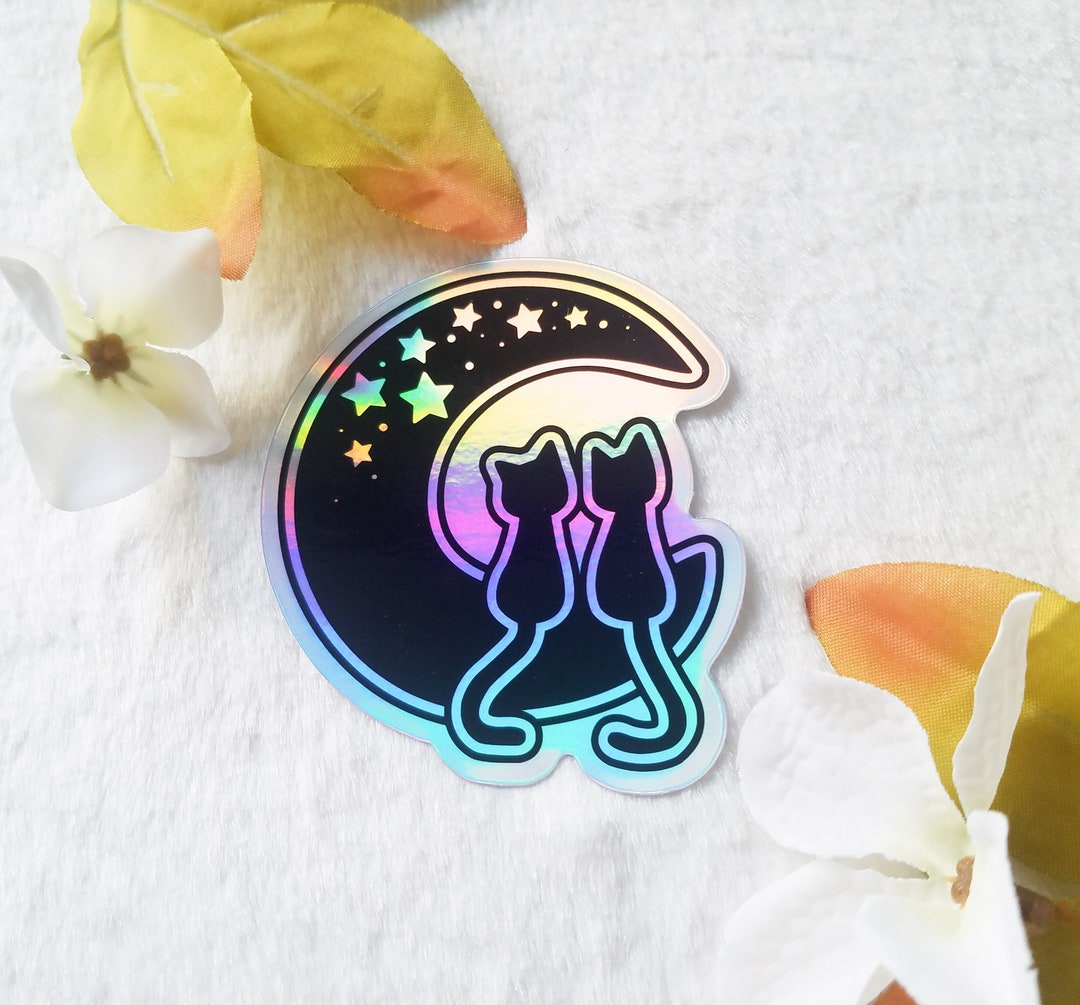 Twin Moon Cats Cute Holographic Vinyl Sticker | UV Waterproof Decal ...