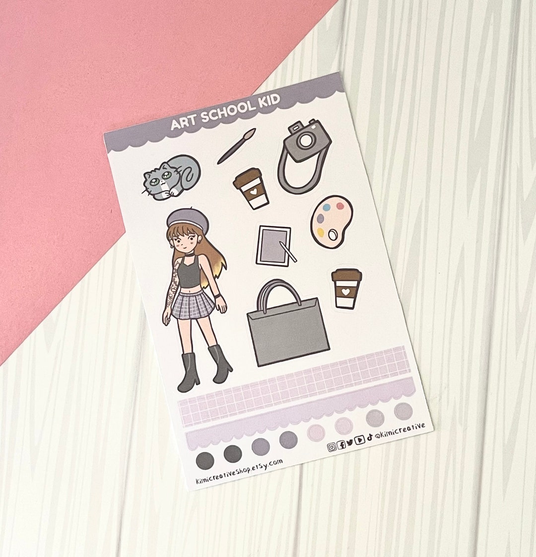 Adorable Cute Kawaii Art School Kid Sticker Sheet | Washi Strips & Dot ...