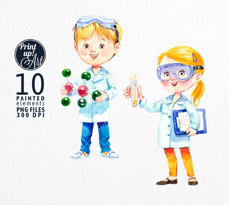 SCIENCE Clipart Watercolor, SCIENTIST KIDS Clipart, Boy and Girl ...