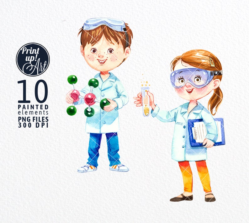 SCIENCE Clipart Watercolor, SCIENTIST KIDS Clipart, Boy and Girl ...