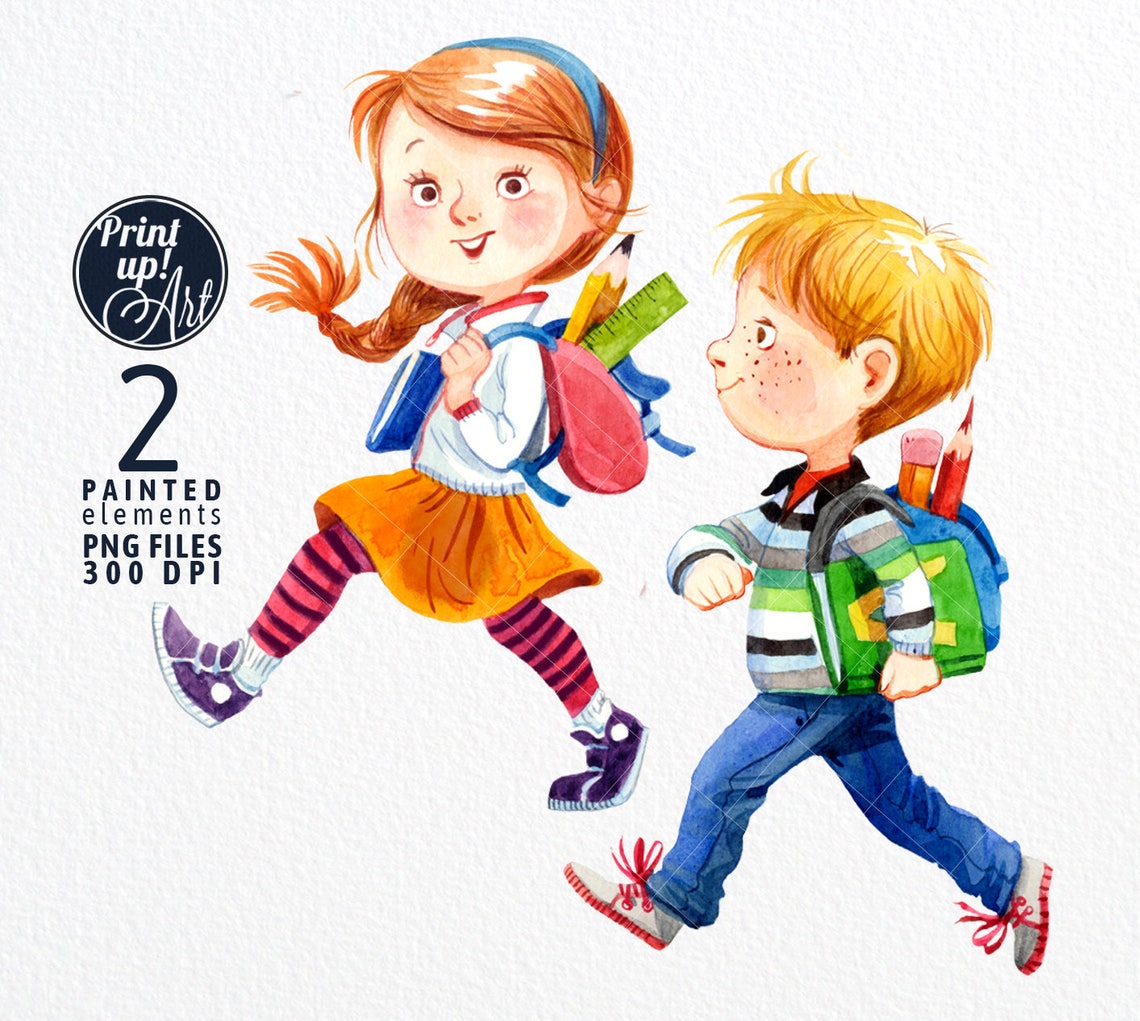 SCHOOL Clipart, Kids Watercolor Clipart, Boy and Girl,back to School ...