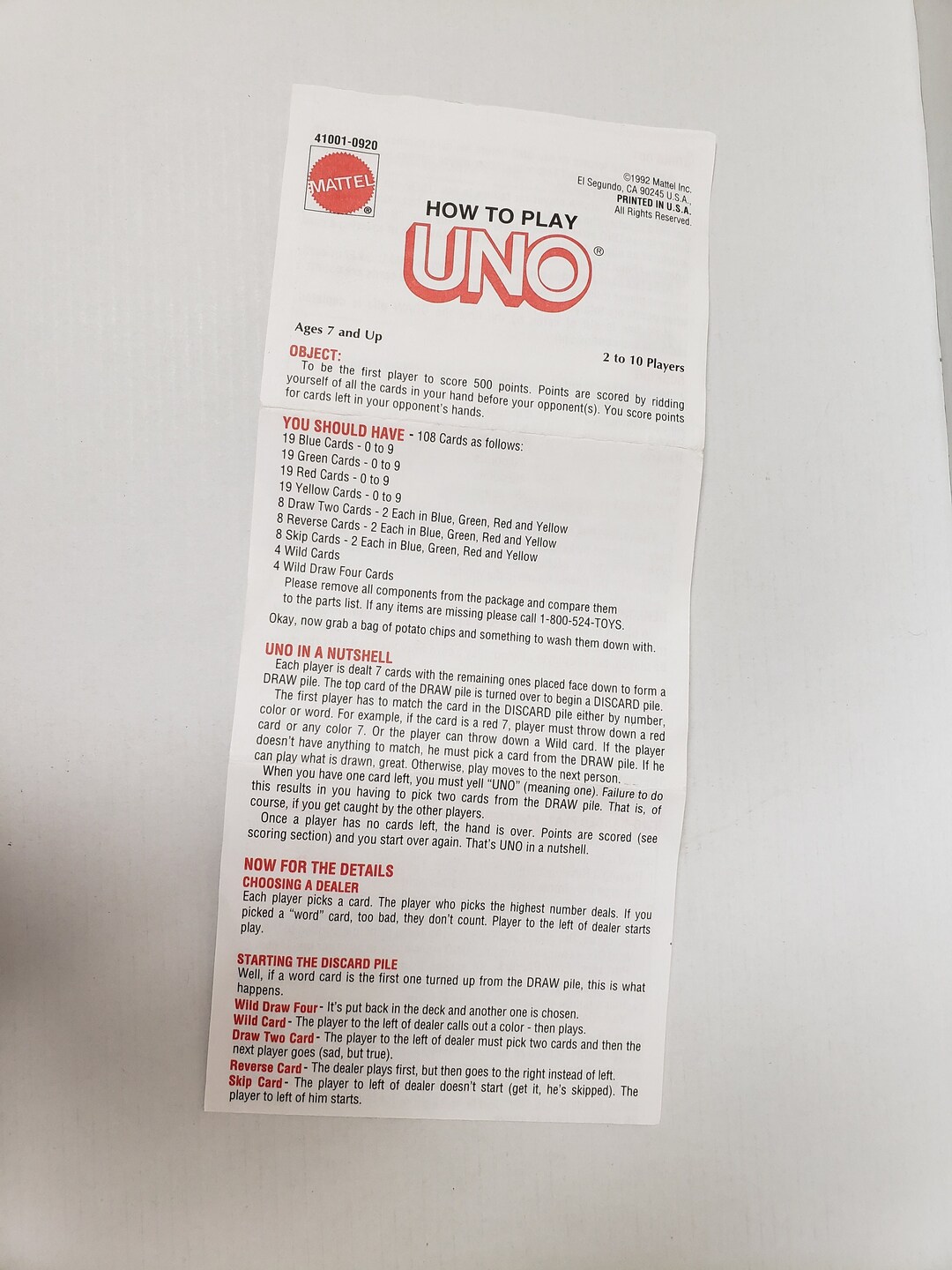 Vintage UNO Replacement Instruction Booklet 1992 Mattel - Etsy