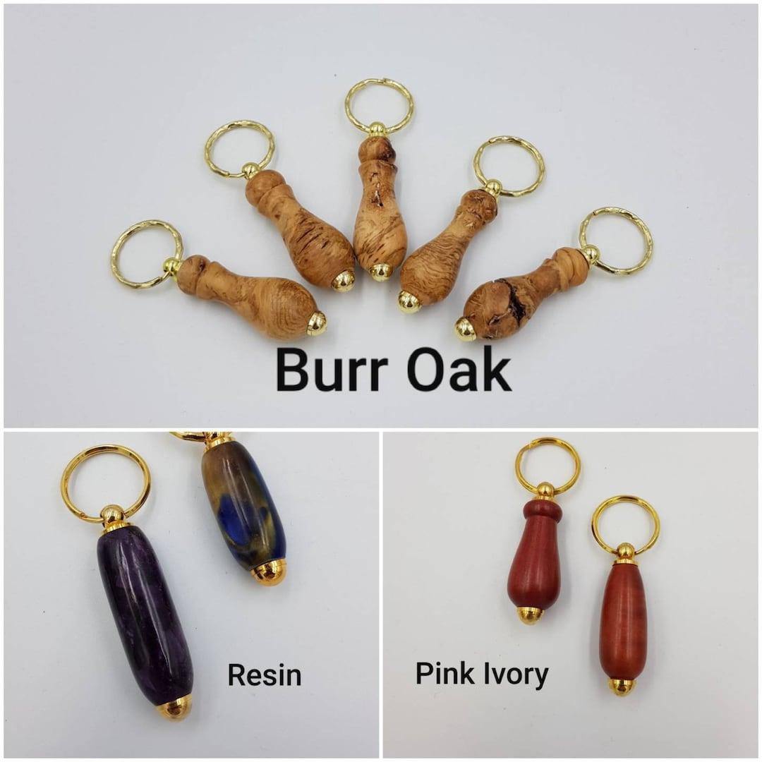 Hand turned keyrings. Pink Ivory, burr oak and coloured Resin. Keyrings ...