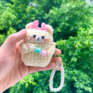 Crochet Fluffy Bear AirPod Case Plush Airpods Pro Case Pink Bow AirPod ...