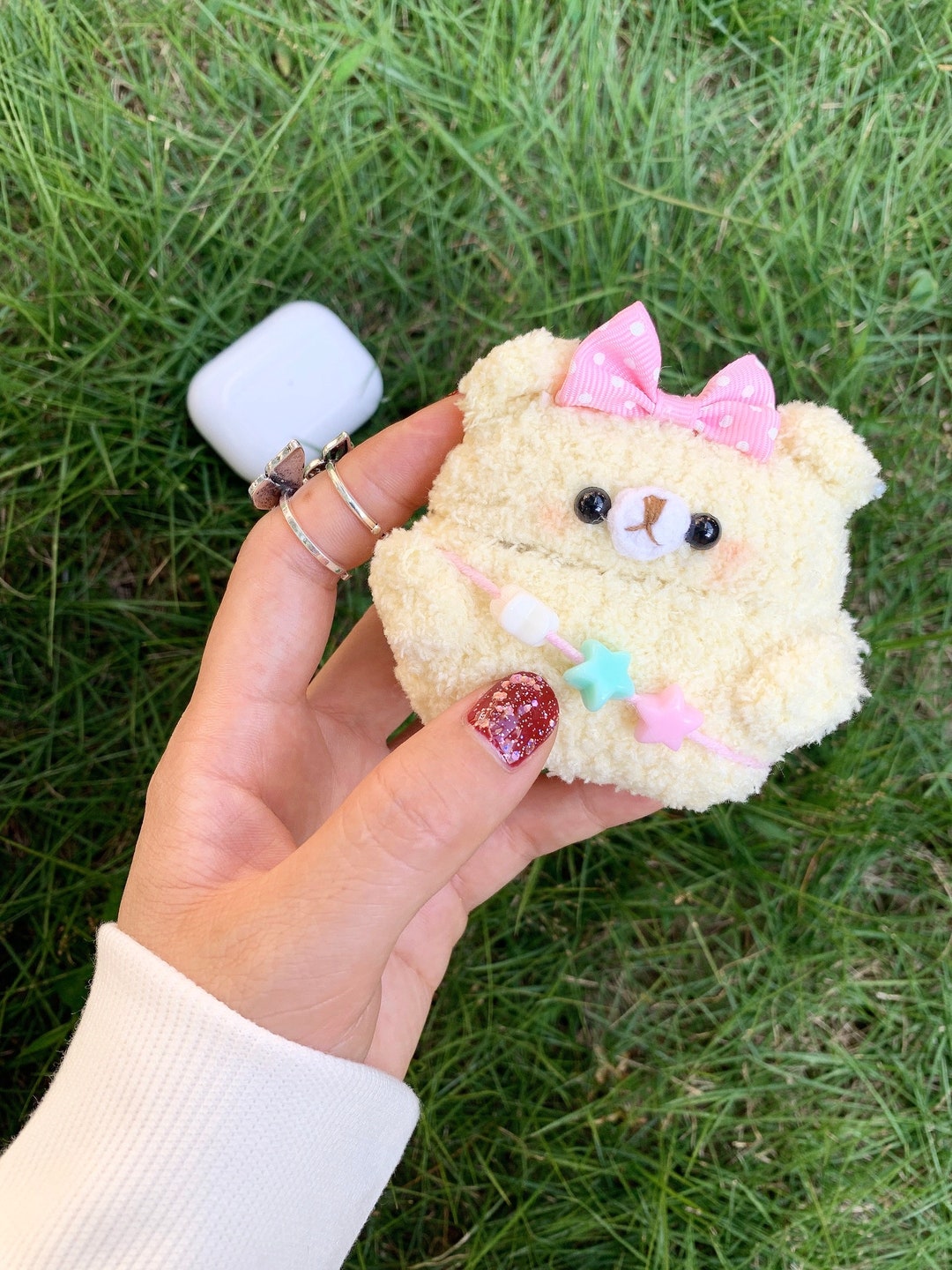 Crochet Fluffy Bear AirPod Case Plush Airpods Pro Case Pink Bow AirPod ...