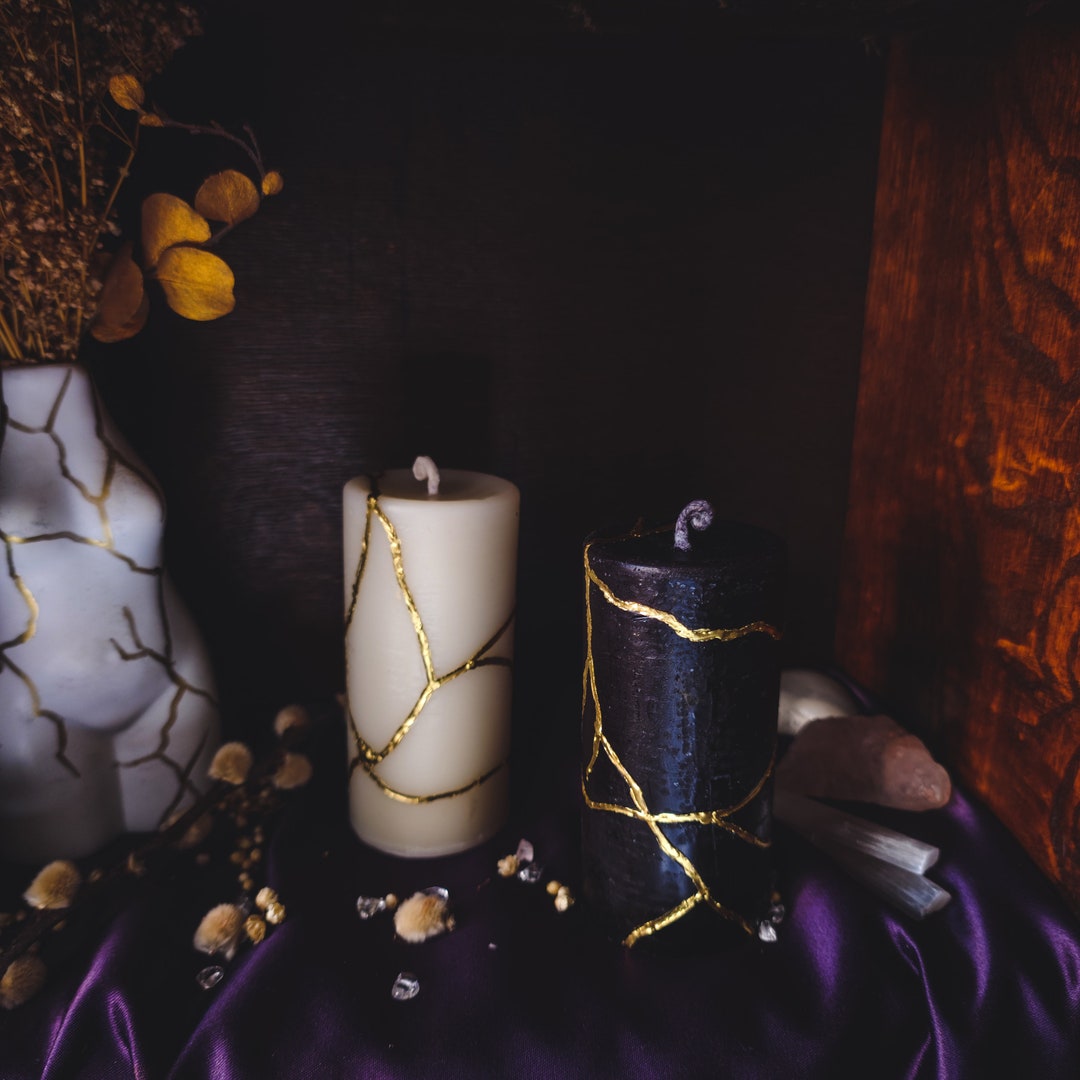 Beeswax Kintsugi Inspired Gold Accent Carved Pillar Candle Luxury ...