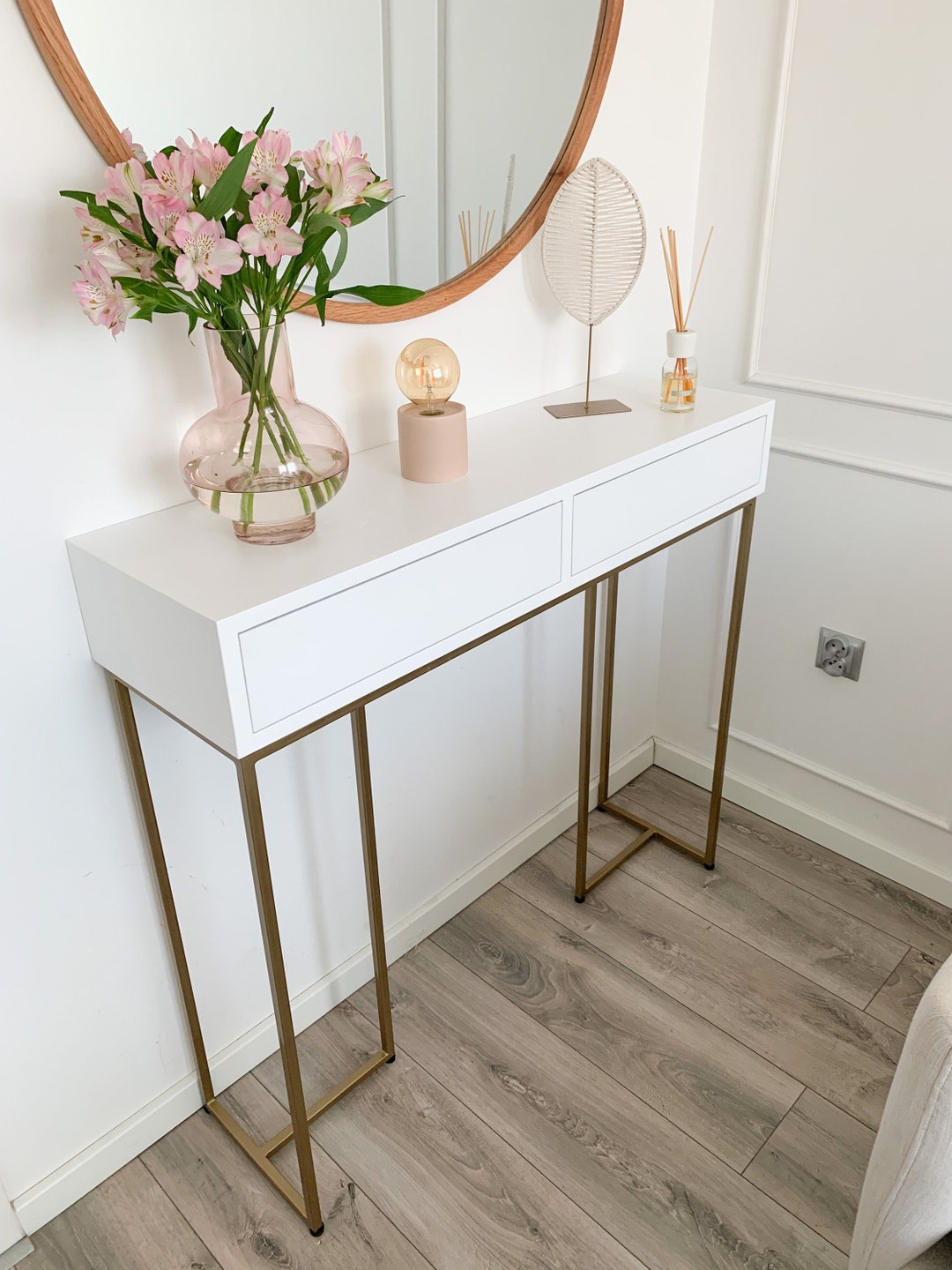 Dakota-white Dressing Table With Drawers on Golden Legs, Console ...