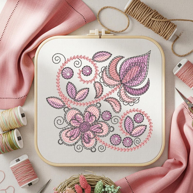 Folk Floral Border Embroidery Design | Flowers Leaves Swirls | 4x4 Hoop ...