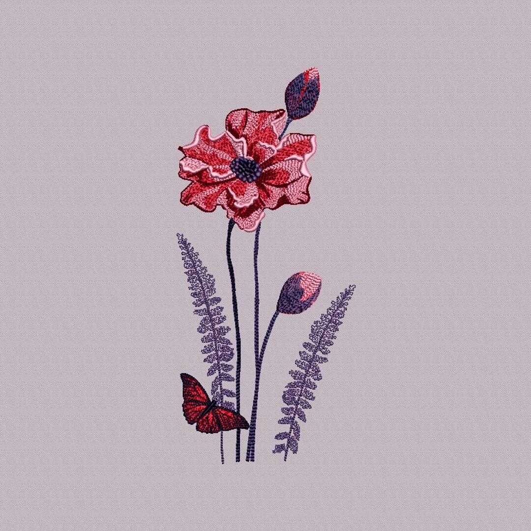 Elegant Poppy Embroidery Design | Floral Butterfly Motif | Machine ...