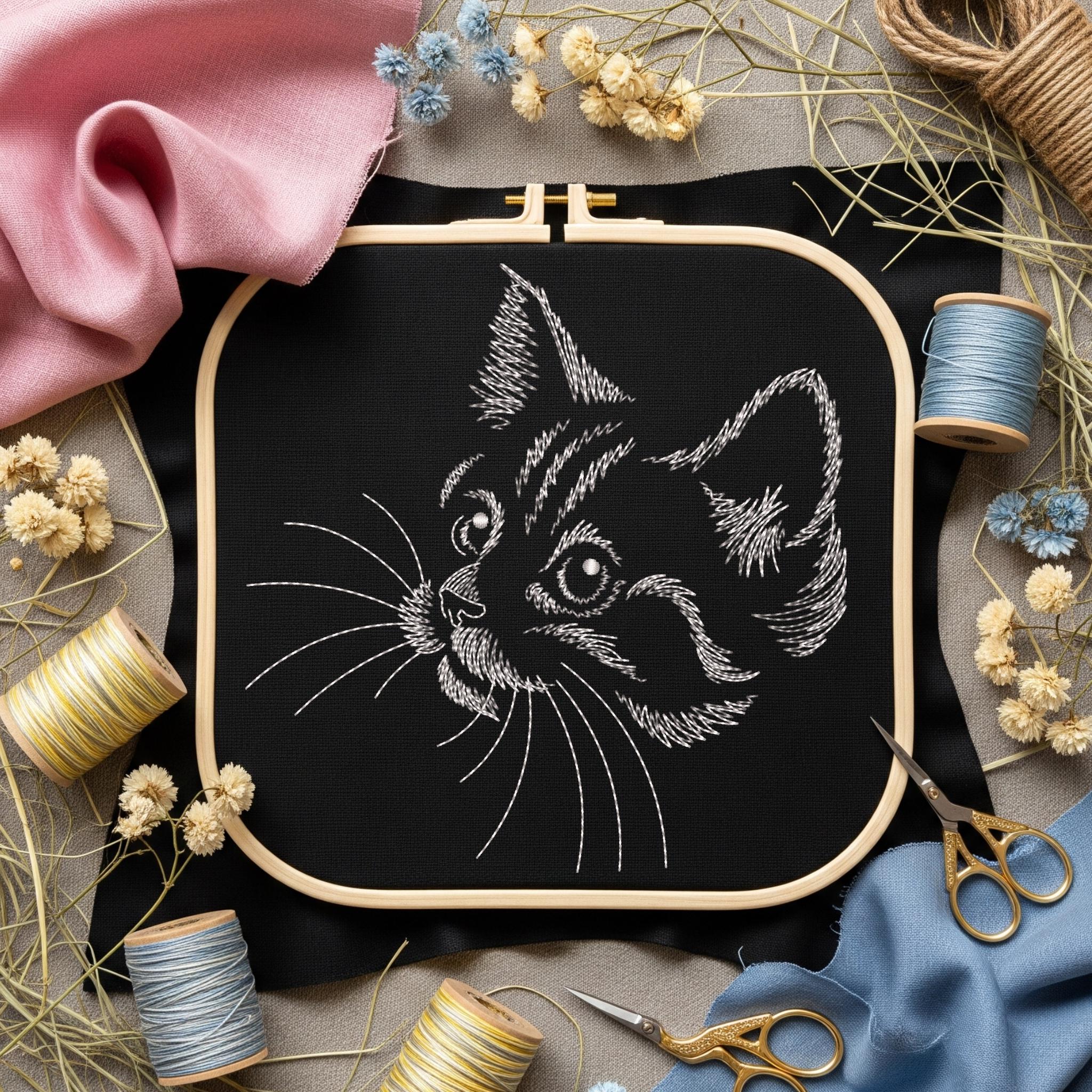 Cat Face Machine Embroidery Design | Blackwork Pet Portrait | 4 Hoop ...