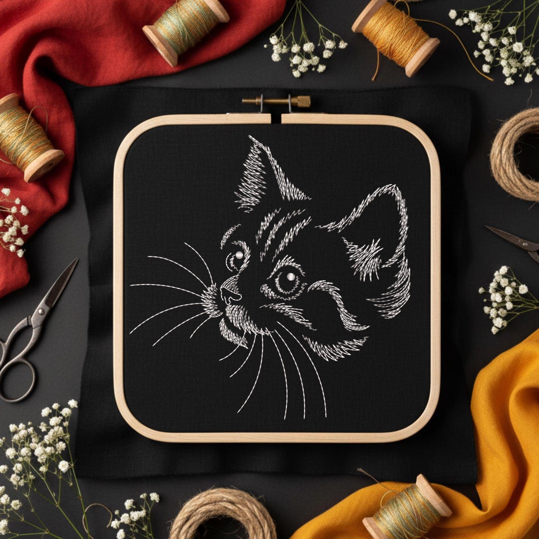 Cat Face Machine Embroidery Design | Blackwork Pet Portrait | 4 Hoop ...