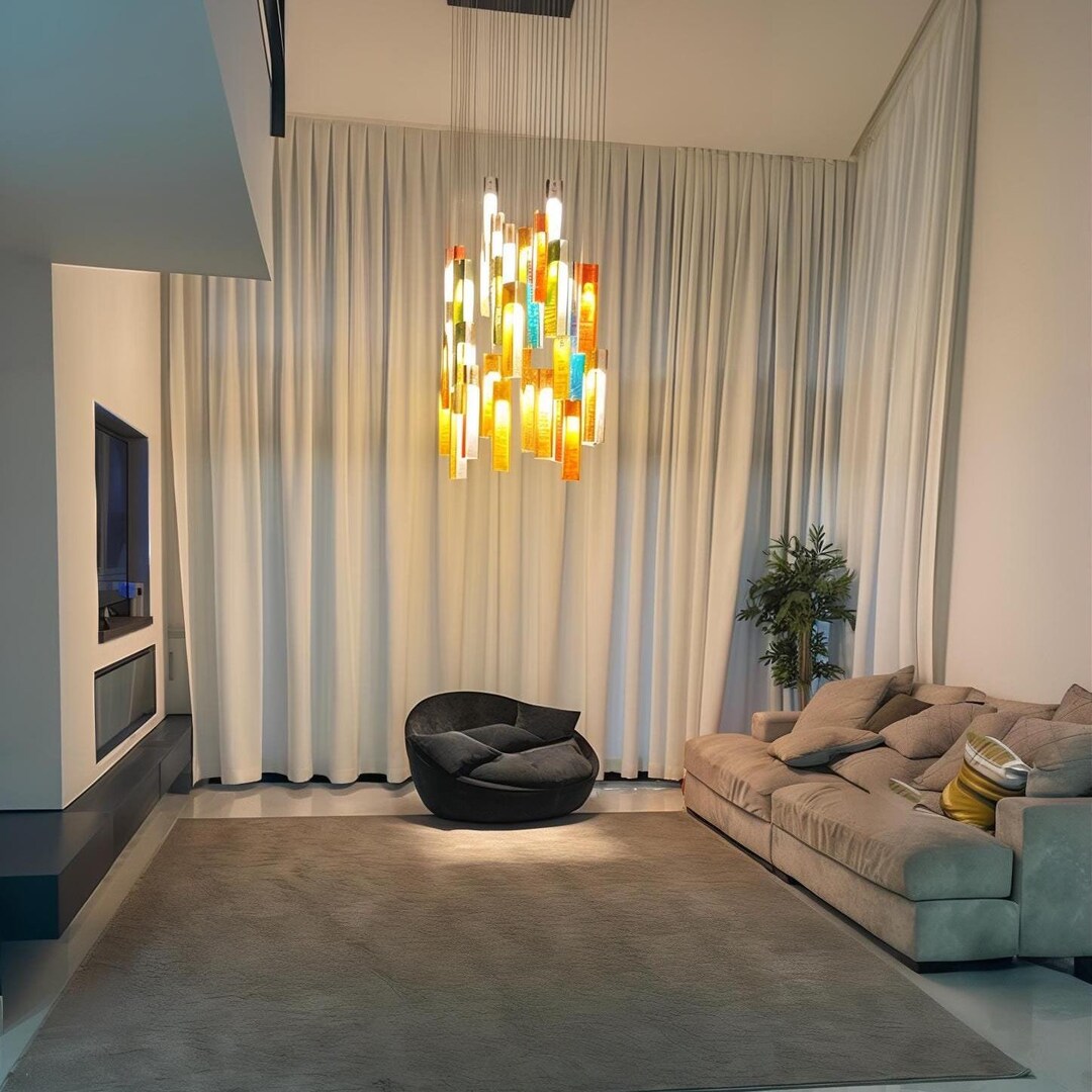 Livingroom Chandelier, Custom Ceiling Light, Orange Blue Glass Pendant ...