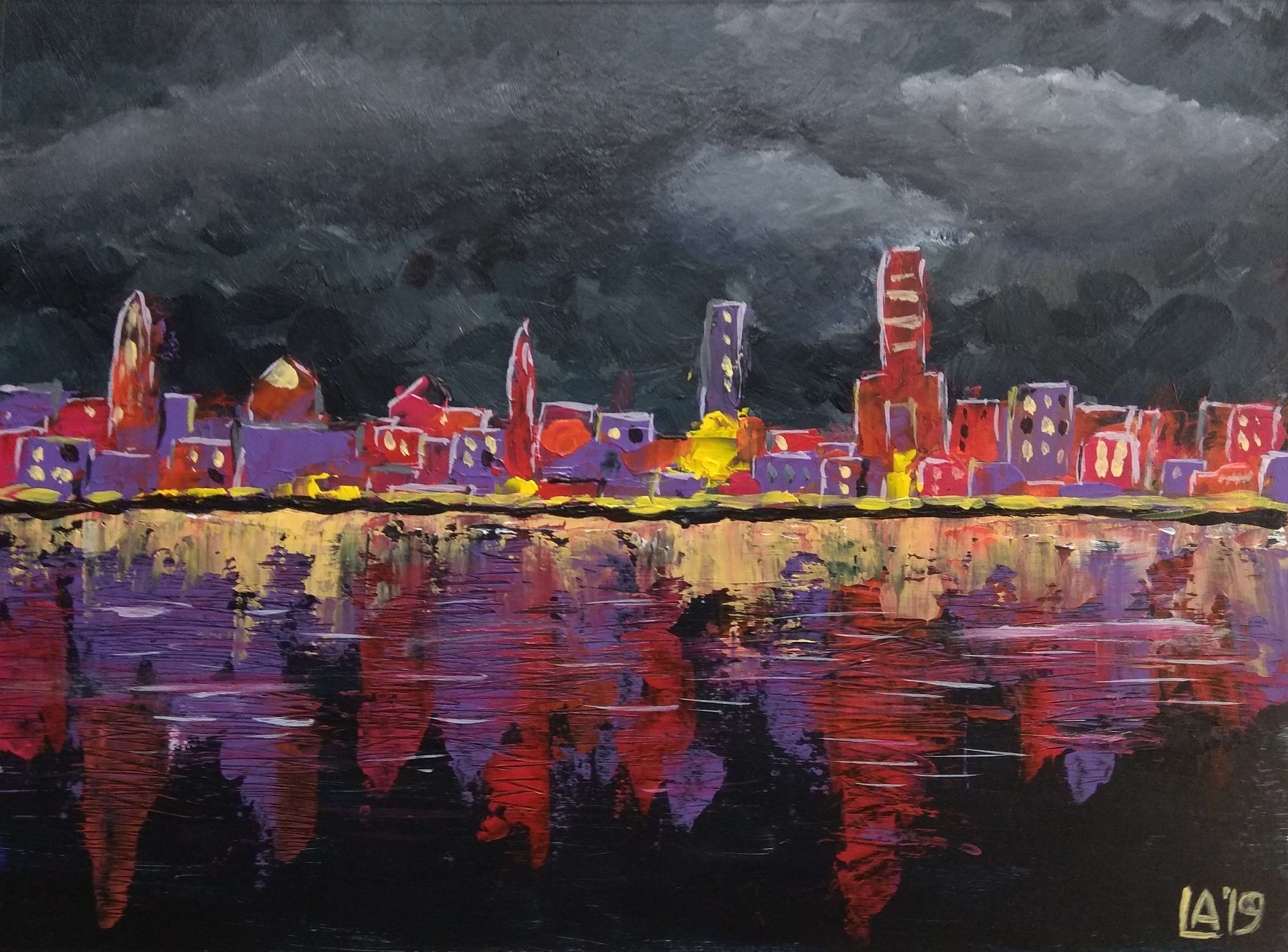 City at Night Landscape | Acrylic Painting on Textured Paper | Original ...