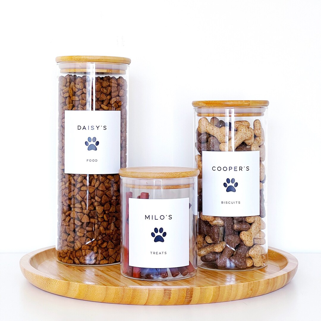 Pet Storage Jar With White Waterproof Minimalist Personalised Label and ...
