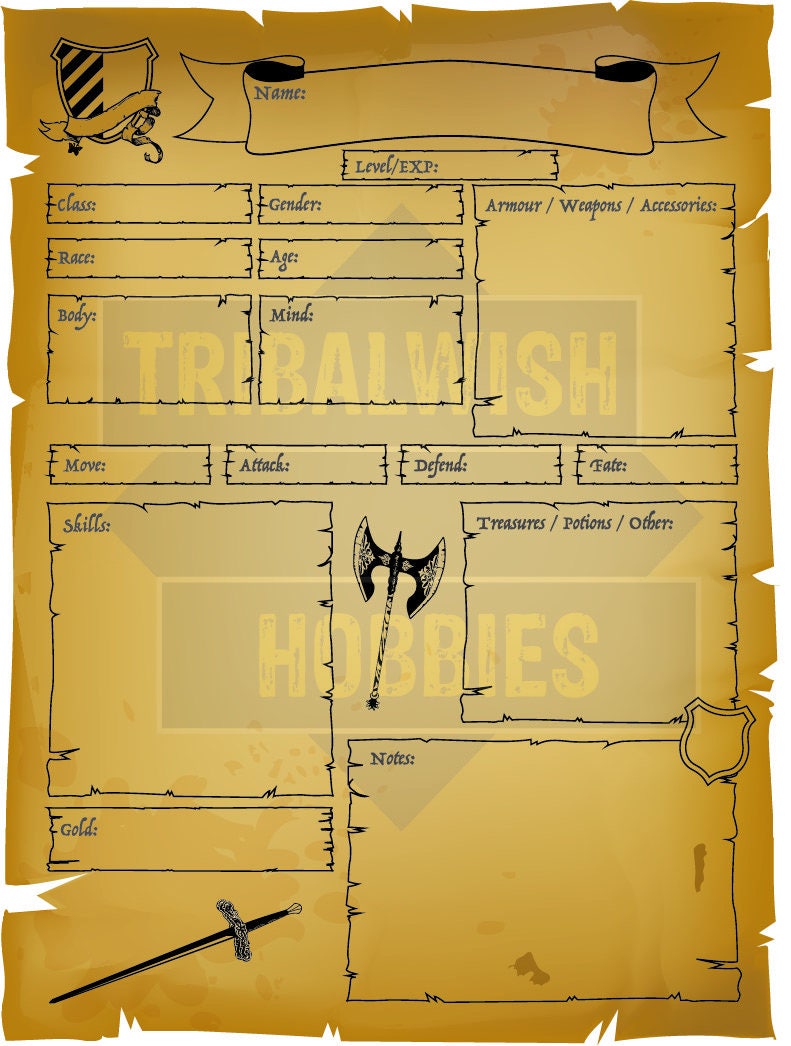 Heroquest Character Sheet Printable Digital Download - Etsy Canada