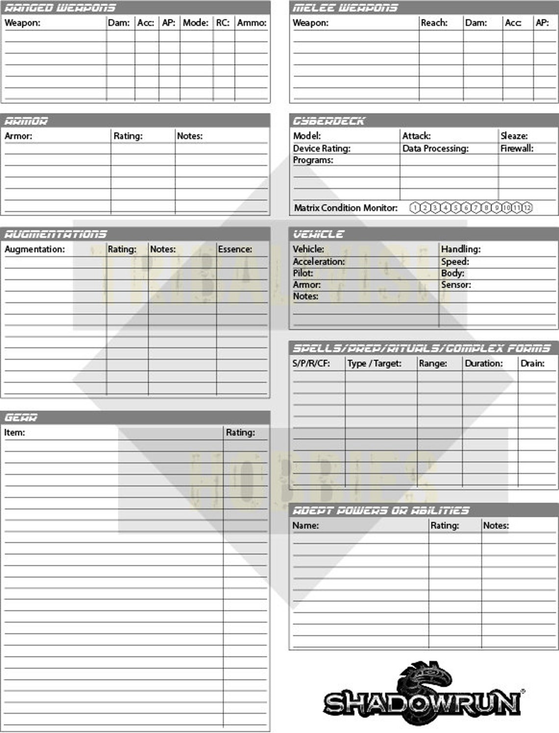 Double Sided Shadowrun Character Creation Sheet, Printable Digital ...