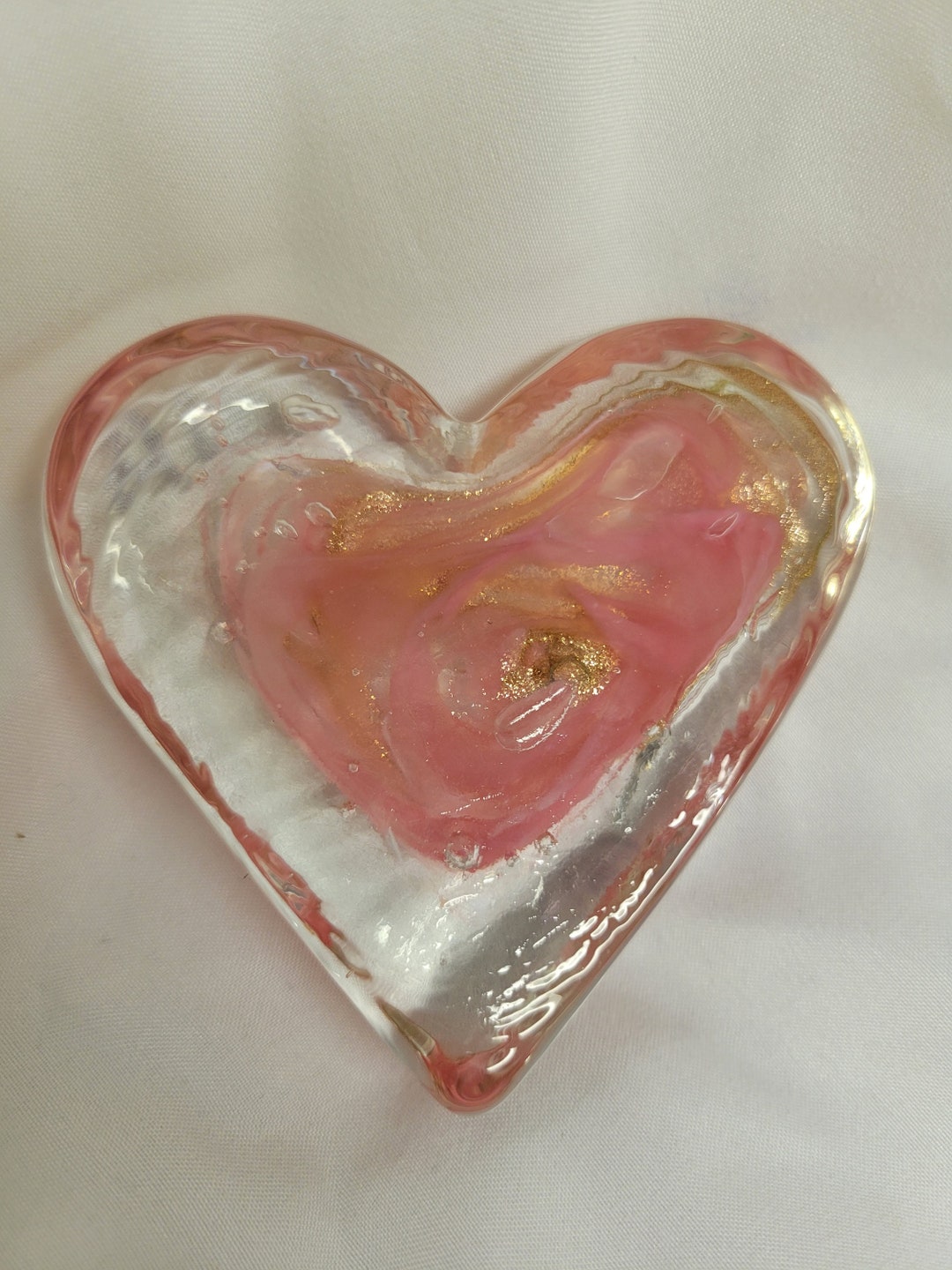 Pink and Gold Handmade Glass Heart, Pink Glass Heart, Solid Glass Heart ...