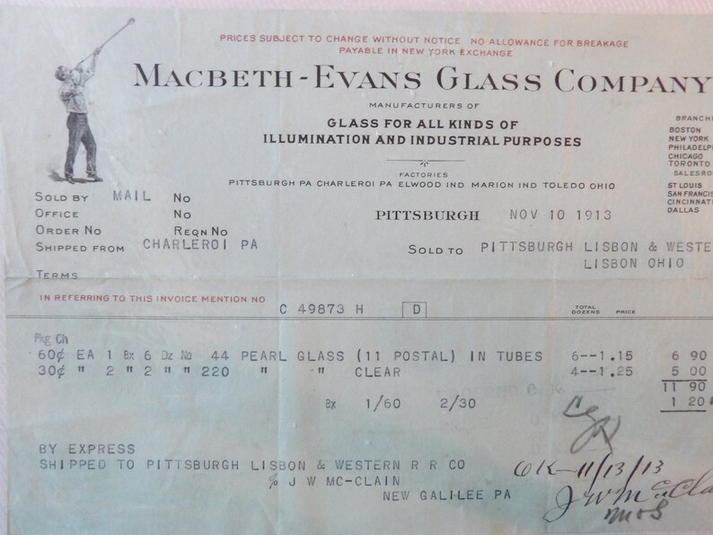 Original 1913 Macbeth - Evans Glass Company Shipping Invoice. - Etsy