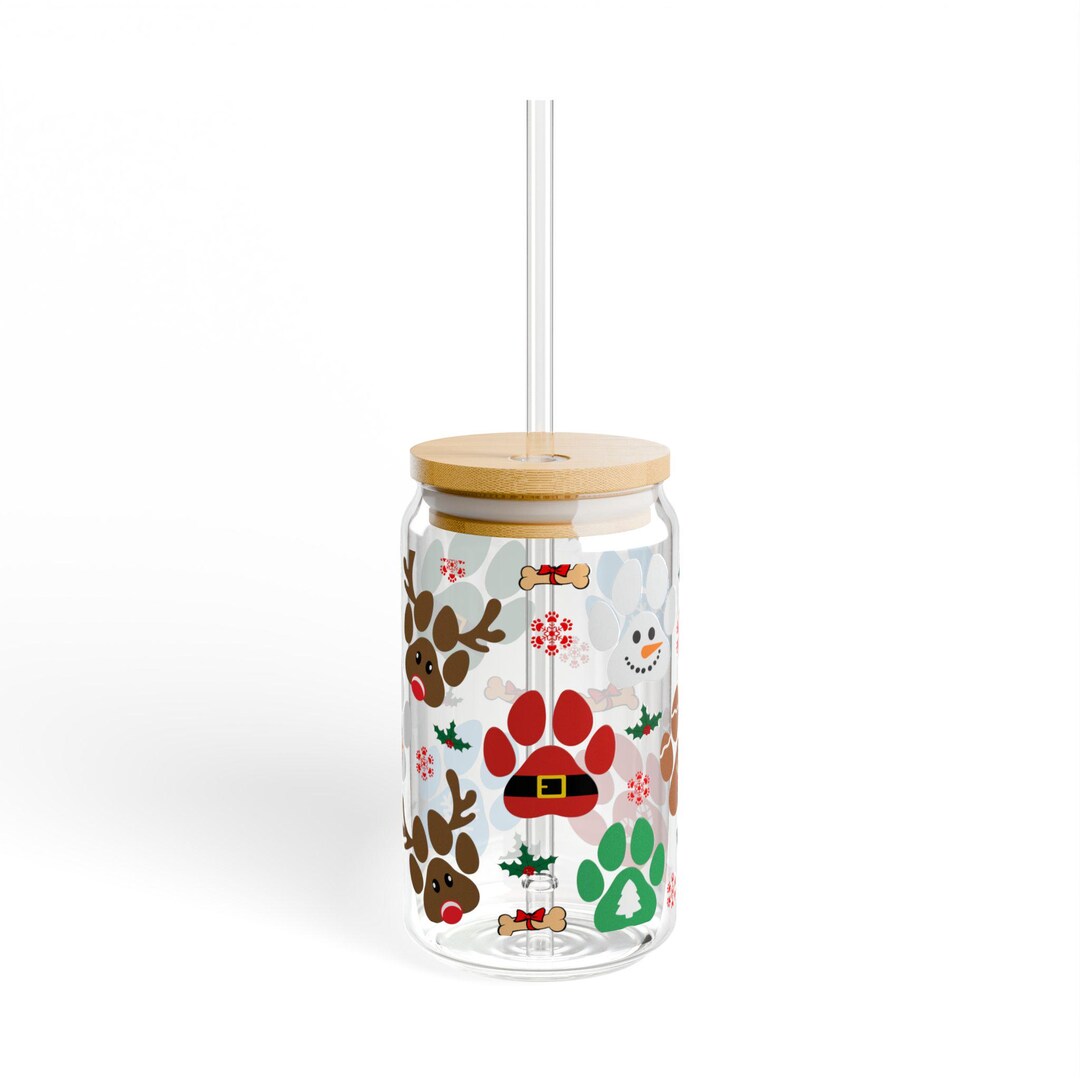 Dog Paw Print Christmas Sipper Glass With Straw and Wooden Lid, Santa ...