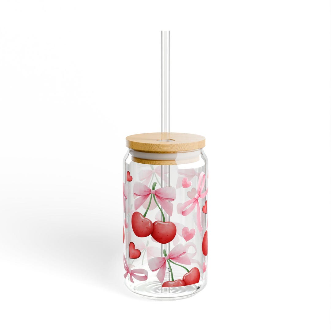 Sipper Glass, Cherry Bow Coquette 16oz With Lid, Cute Girly Drinkware ...