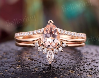 Vintage Morganite Engagement Ring Set Pear Shaped Moissanite | Etsy