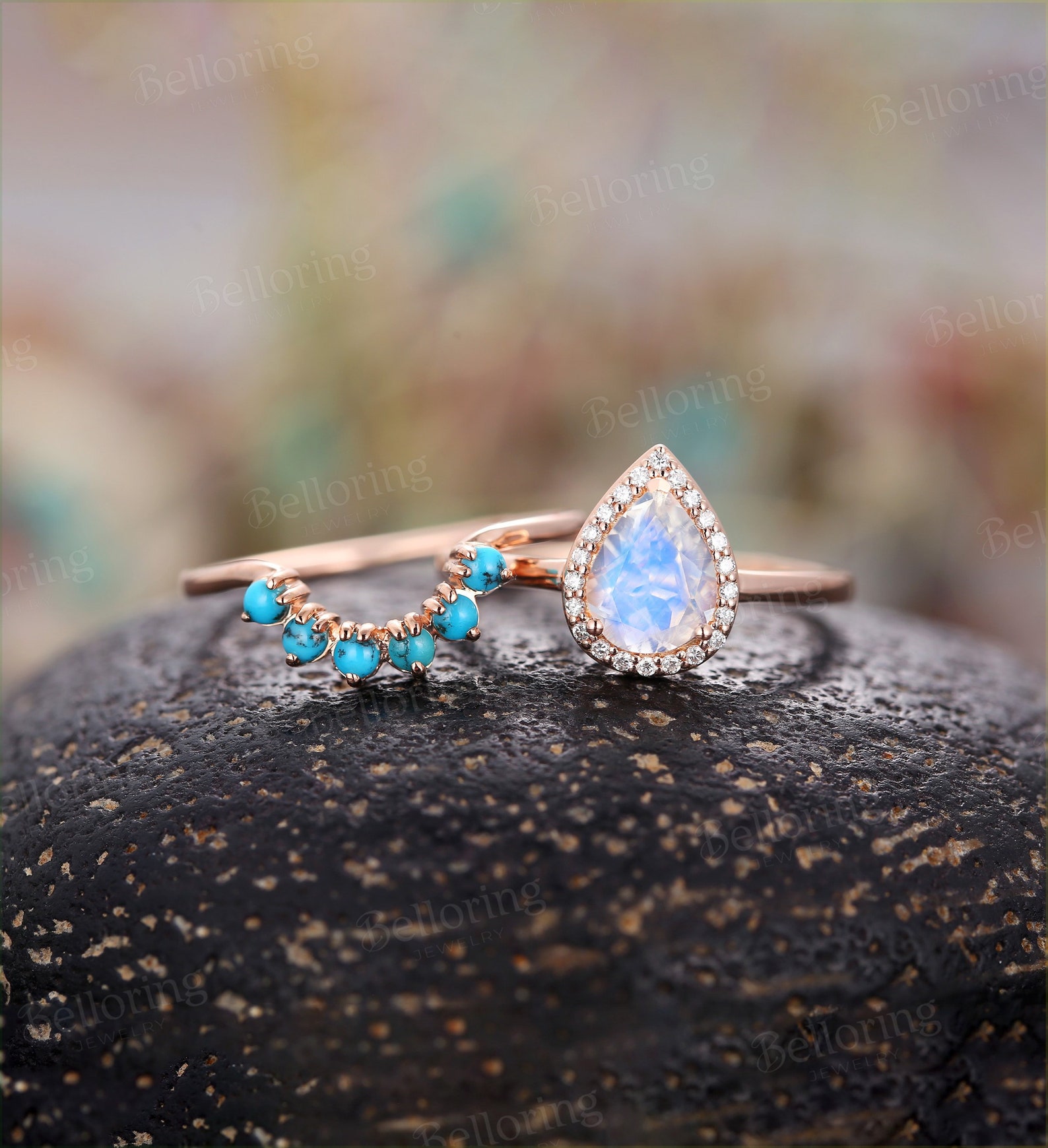 Pear Shaped Moonstone Engagement Ring Set Vintage Art Deco - Etsy