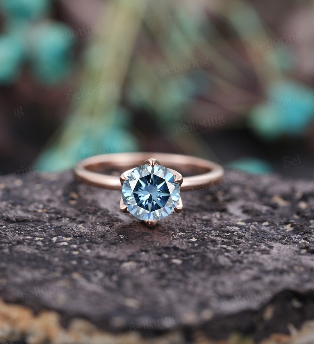 Grey Blue Moissanite Engagement Ring Vintage Rose Gold Art Deco Diamond ...