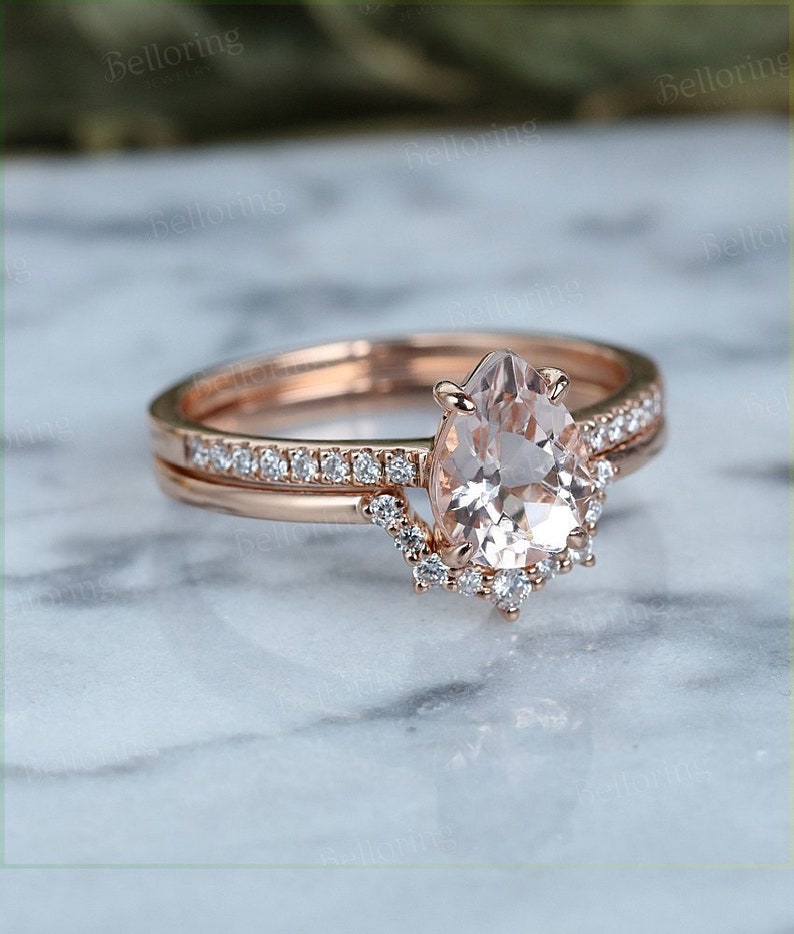 Pear Shaped Morganite Engagement Ring Set Rose Gold Art Deco | Etsy