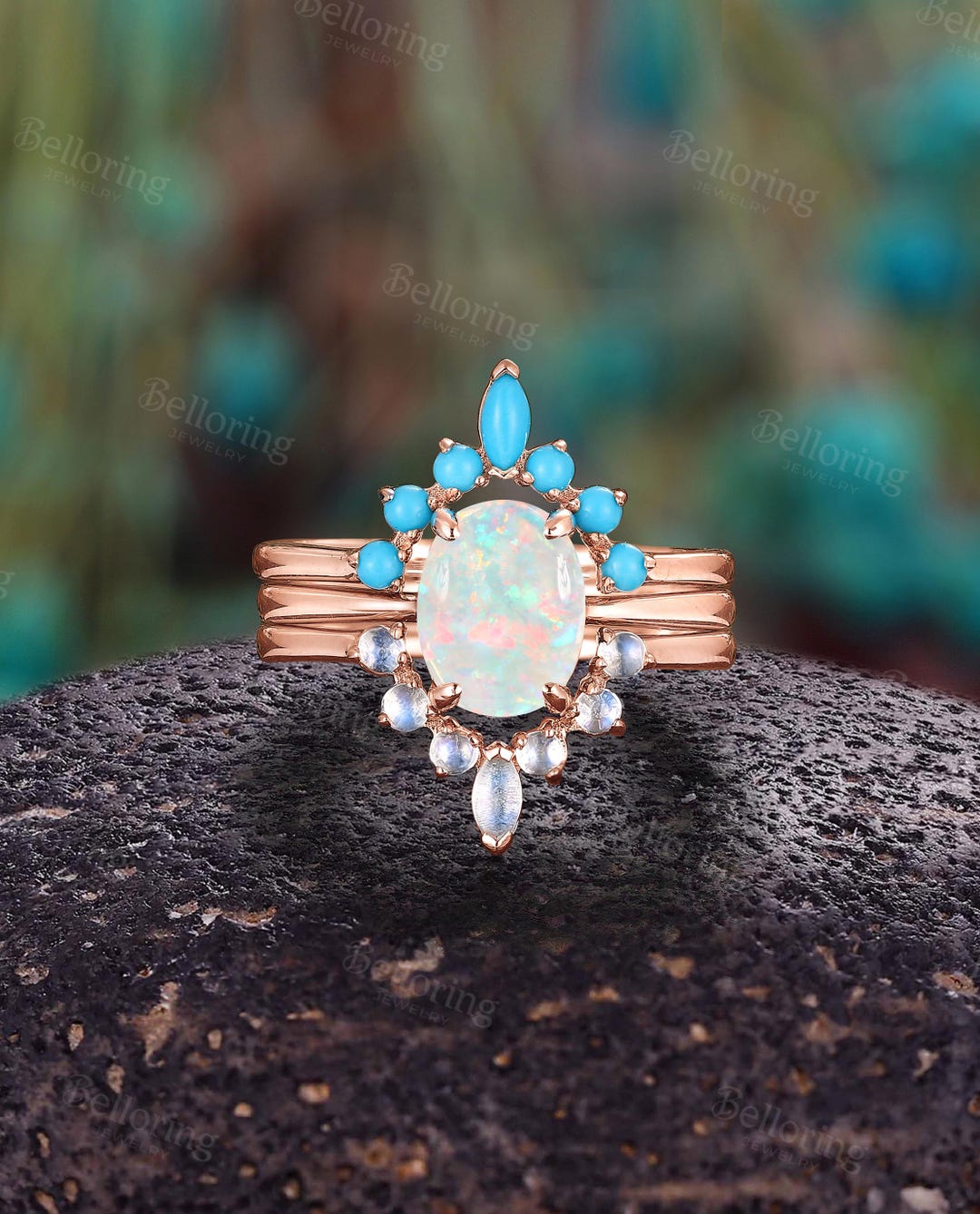 Unique Oval White Opal Bridal Set,14k Rose Gold Moonstone Turquoise ...