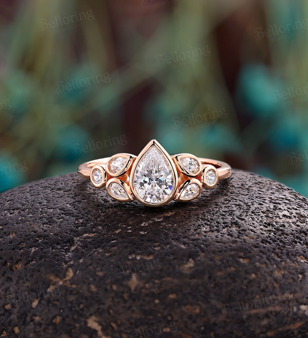 Art Deco Pear Bezel Set Moissanite Engagement Ring,unique 14K Rose Gold ...
