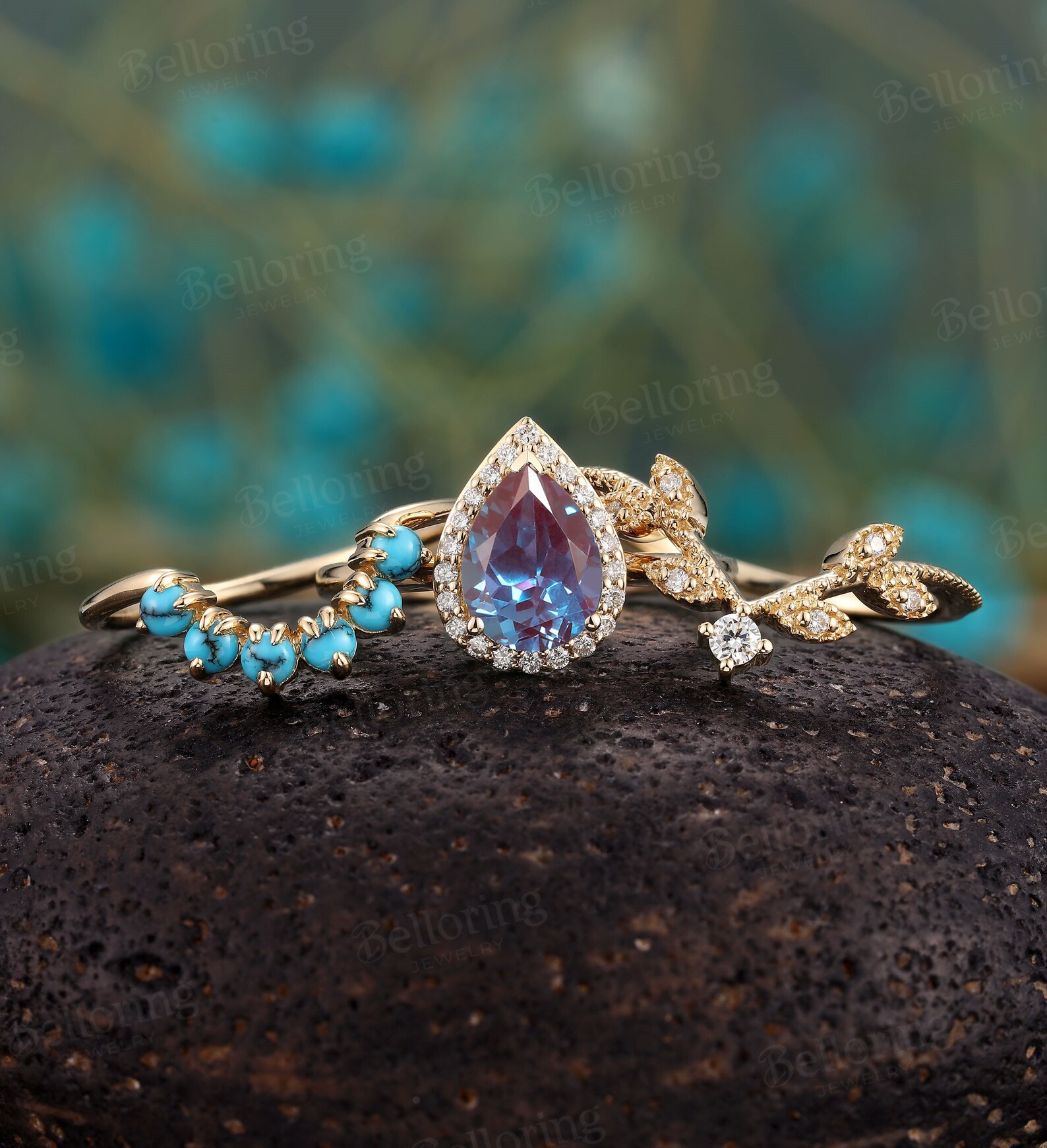 Vintage Alexandrite Engagement Ring Set Art Deco Yellow Gold Diamond ...