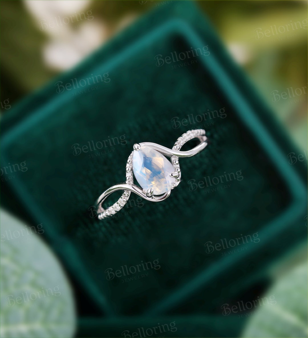 Pear Shaped Moonstone Engagement Ring White Gold Vintage Diamond ...