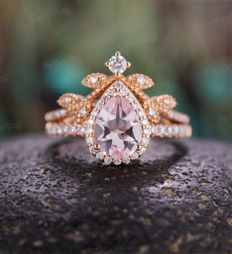 Pear Shaped Morganite Engagement Ring Set Art Deco Moissanite - Etsy