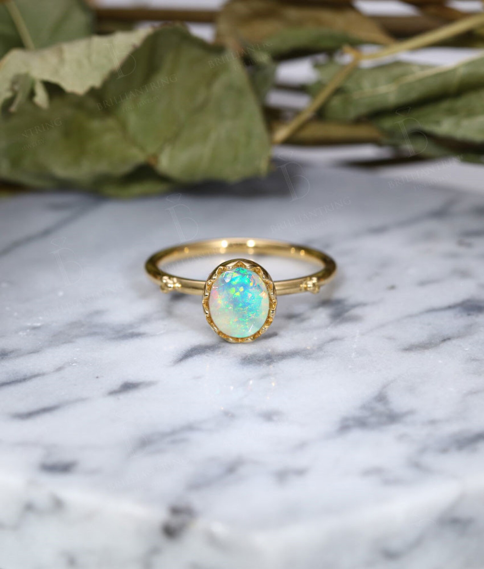 Faceted Opal Engagement Ring Vintage Antique Oval Shaped Rings Yellow ...