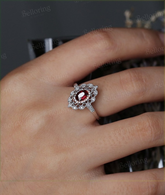Vintage Oval Ruby Engagement Ring White Gold Vintage Diamond - Etsy